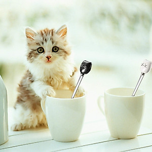 6 Pieces Cat Coffee Spoon Cute Stainless Steel Cat Head Spoon, Lovely Spoon, Ice Cream Dessert Spoon for Stirring Tea Coffee Sugar Dessert (Black, White)