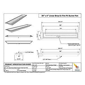 Celestial 36" x 6" Commercial Grade Linear Drop-in Fire Pit Pan w/Burner, 16 Gauge Stainless Steel, 65,000 BTU, Beveled Lip for Extra Strength, Natural Gas or Propane, for DIY Outdoor Gas Fire Pits
