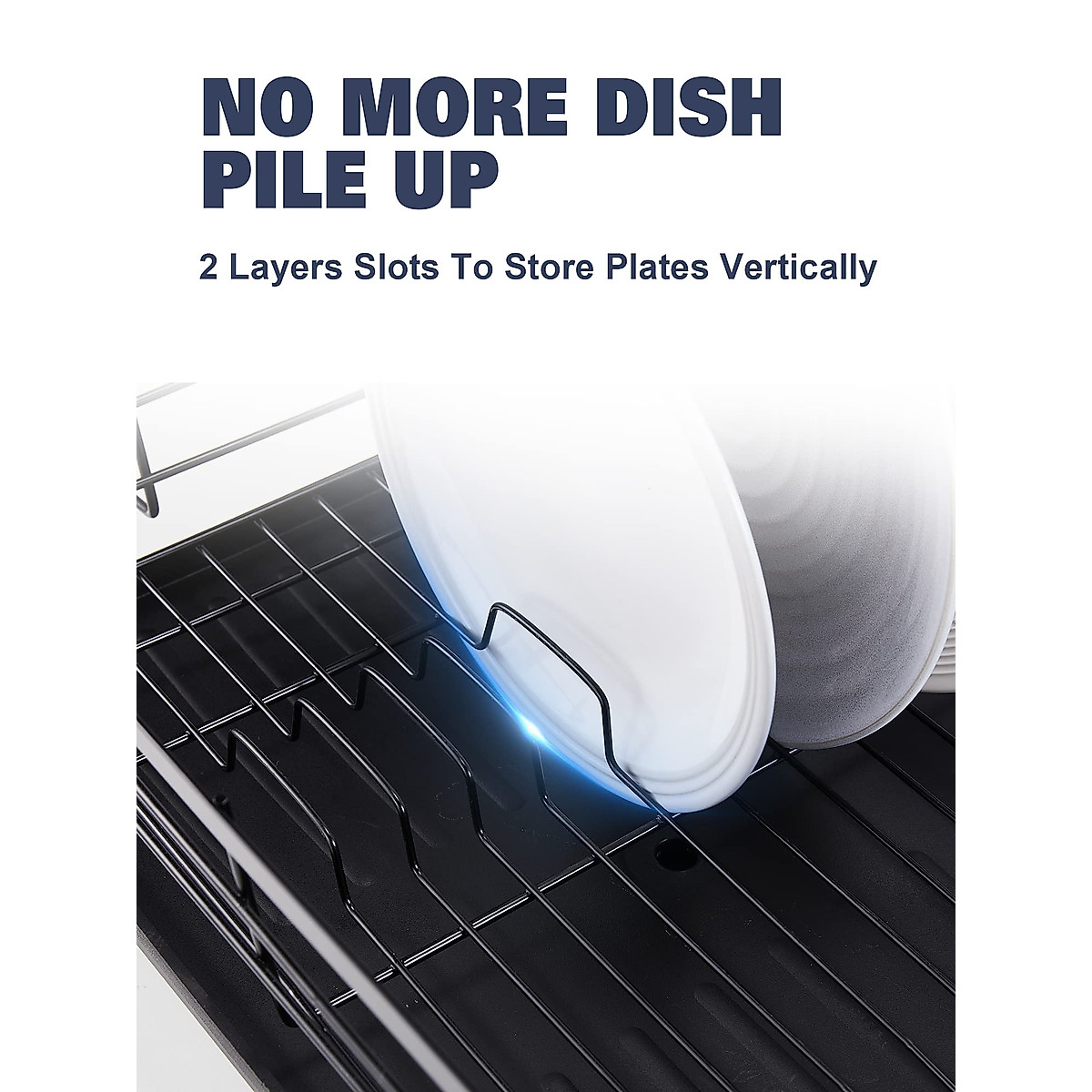 BRONYPRO Dish Drying Rack, 2 Tier Dish Drying Rack for Kitchen Counter, Extra Large Dish Strainer with Drainboard, Dish Organizer with Drying Board, Utensil Holder, Cup Rack, Black