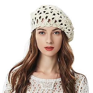 ZLYC Women Cotton Slouchy Crochet Beret Handmade Cutout Floral Beanie Hat (Beige)