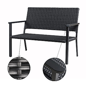 C-Hopetree Outdoor Loveseat Bench Chair for Outside Patio Porch, Metal Frame, Black All Weather Wicker