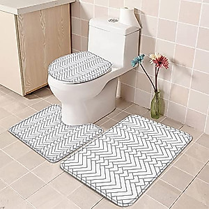 Apular Fashion 3 Piece Bath Rugs Set Modern Herringbone Geometric Grey and White Non Slip Ultra Soft Bathroom Accessories Mats, U Shape Mat and Toilet Lid Cover Mat Bath Mats