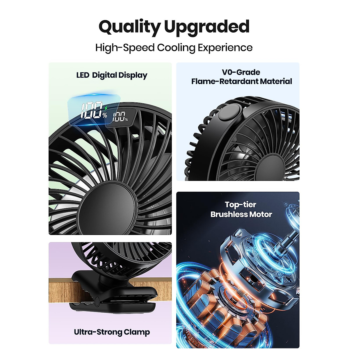 TOPK Portable Clip on Fan, 5000mAh Small Rechargeable Fan, Battery Operated, 4 Speeds, 720° Rotation, Ultra-Quiet, Personal Cooling Desk Fan for Bedroom/Office/Stroller/Golf/Library/Travel/Camping