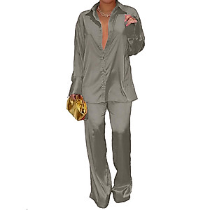 Women Wide Leg 2 Piece Pants Outfit Set Casual Satin Button up Long Sleeve Tops Palazzo Pants Set Tracksuit Grey Plus Size XXL