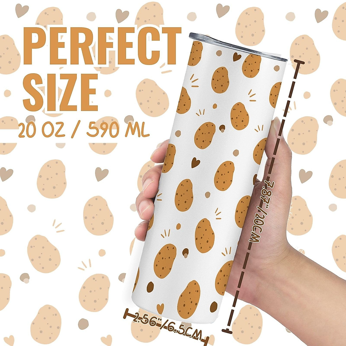 Onebttl Funny Potato Gifts for Potato Lovers, All-over Pattern Insulated 20oz Stainless Steel Skinny Tumbler with Straw and Lid