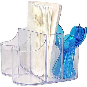 5 Compartment Classic Acrylic Napkin Holder with Cutlery Organizer Caddy Bin, For Spoons, Forks, Knives & Cups Divided Storage!