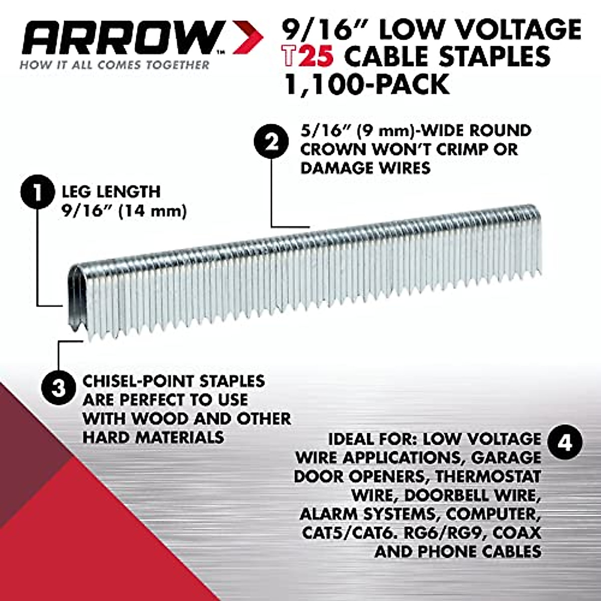 Arrow 259 T25 Heavy Duty Steel Staples for Installing Low Voltage Wires and Cables, Use with Holiday Lights, Doorbells, Alarm Systems, 1100-Pack, 9/16-Inch Leg Length, 5/16-Inch Crown Width