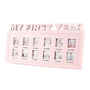 ESTAMICO My First Year Frame Baby Picture Keepsake Frame for Photo Memories, Pink
