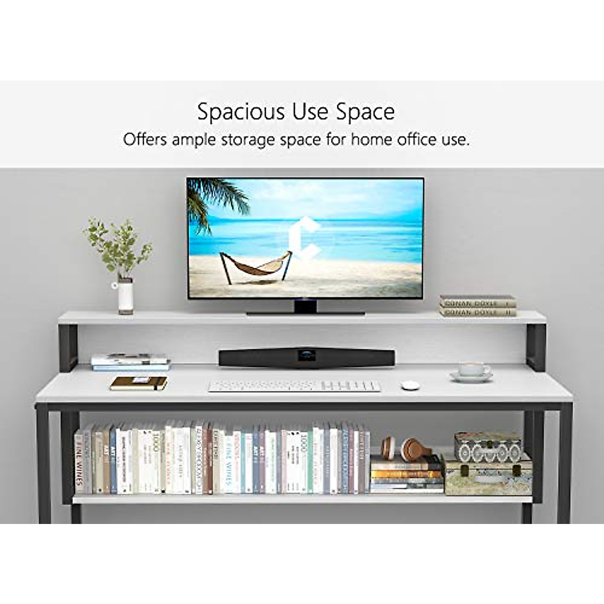 Cubiker Computer Home Office Desk, 47" Small Desk Table with Storage Shelf and Bookshelf, Study Writing Table Modern Simple Style Space Saving Design, White