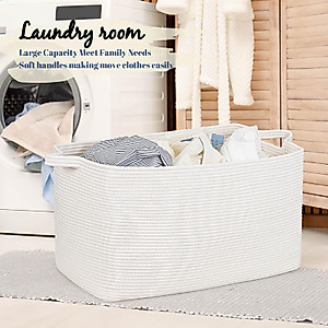 ZLG 90L Large Cotton Rope Rectangular Basket- White Woven Storage Basket - Ideal for Baby Quilt, Toy, and Clutter Sorting Basket, 24.4 "x 15" x 15 "