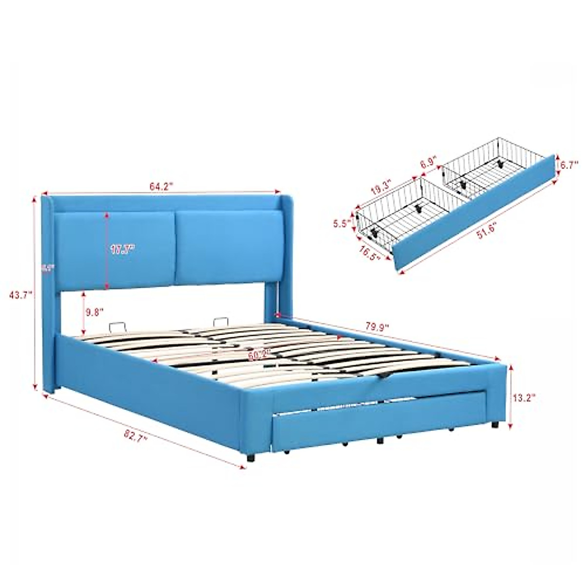 BOVZA Queen Size Lift up Storage Upholstered Platform Bed with 2 Drawers, Modern Wingback Headboard, Hydraulic Storage Bed Frame, Linen Blue