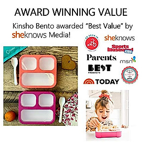 kinsho Bento Box for Kids, Toddler Lunch-Box Snack Container for Small Boys Girls in School Pre-School Daycare, Leakproof 3 Compartment Containers for Snacks, BPA Free. Medium Orange Pink 2 pack