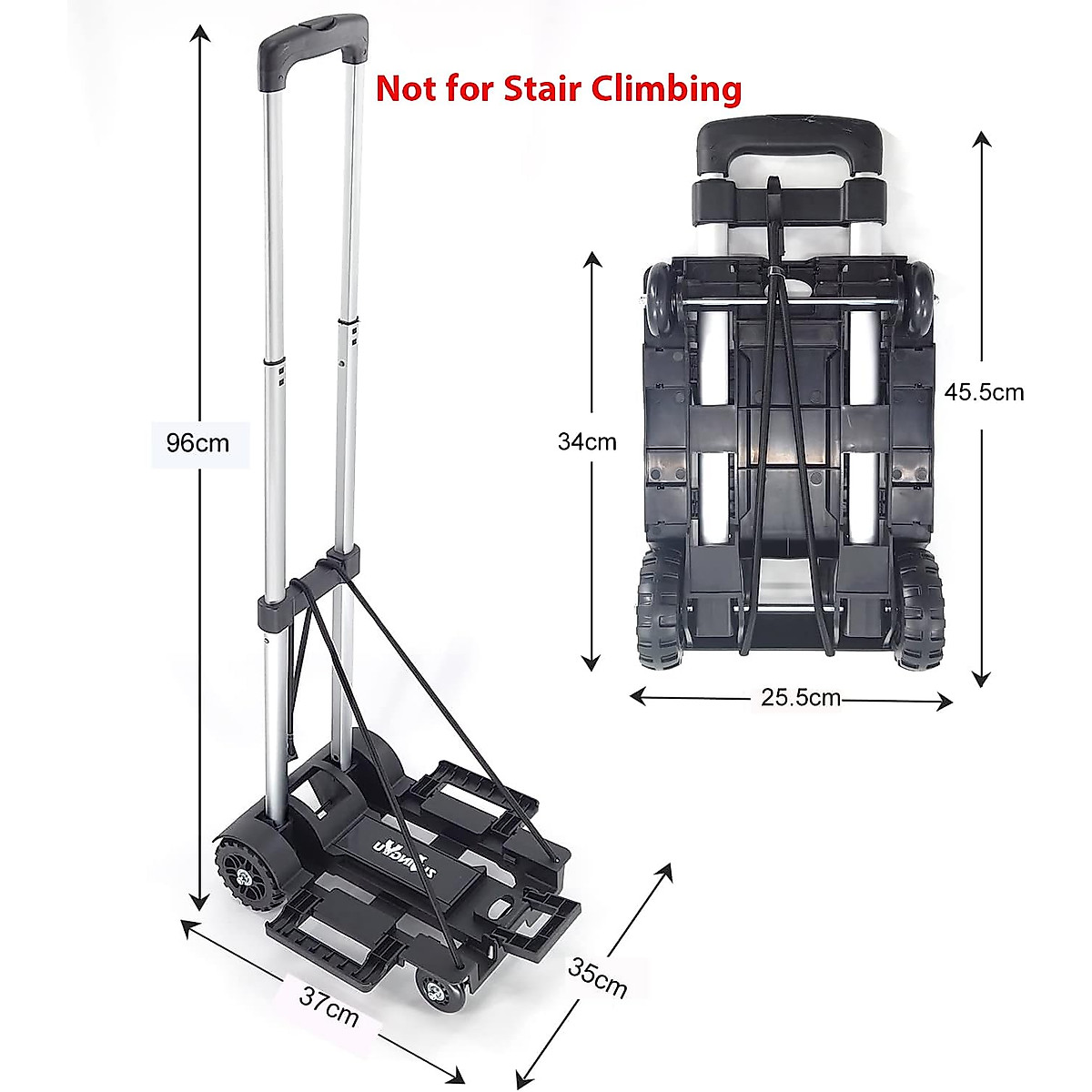 ZHJINGYU Folding Hand Truck,Utility cart with 4 Wheels & 2 Elastic Ropes,Portable Backpack Trolley,Luggage cart,Dolly,Grocery cart,Travel,Moving,Shopping.Aluminum Pole,Black,Small