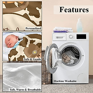 Cute Cowboy Horse Brown Cow Personalized Baby Swaddle Blanket Super Soft for Boy & Girl,Custom Your Baby Name Birthday Kids(30x40 Inches)