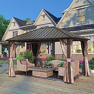 UBGO 10'x12' Outdoor Gazebo,Metal Gazebos with Netting & Curtains,Permanent Outdoor Galvanized Steel Roof Gazebo with Aluminum Frame,for Garden, Patios, Lawns, Parties(Dark Brown)