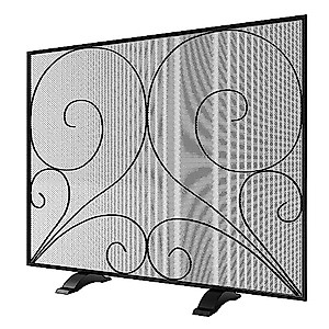 Fire Beauty Single Panel Fireplace Screen Handcrafted Solid Wrought Iron Mesh, Heat-Resistant Fire Spark Guard for Fireplace-Black