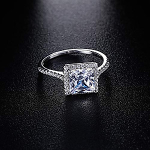 VOLUKA 925 Sterling Silver Square Halo Cubic Zirconia Eternity Wedding Engagement Ring Band for Women (6)