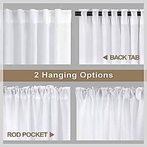 White Back Tab Curtains 45 Inch Length for Kitchen 2 Panels Set Pocket Light Reducing Semi Sheer Cotton Look Casual Woven Textured Short Cafe Tier Curtains for Bathroom Bedroom Dining Room 52x45 Long