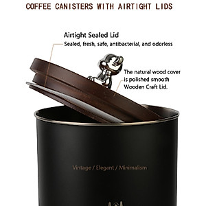 Walktosun Coffee Canisters Airtight Food Storage Container with Wooden Lid Seal Coffee Canisters Stainless Steel Jar with Scoop for Tea, Brown Sugar, Flour (1400ML,Black With Spoon)