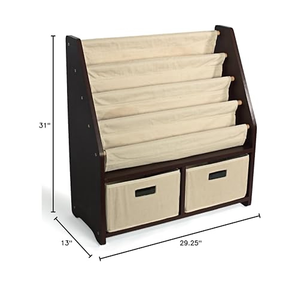 WONKAWOO Kids Sling Bookshelf Wooden Rack, 4 Levels of Canvas Slings for Large Children Books and 2 Storage Bin Boxes for Toys Organizer, Espresso Shelf with Natural Fabric Slings