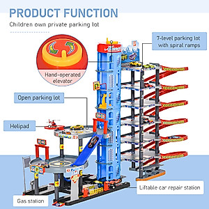 Qaba 7-Level Car Parking Garage Toy Race Tracks Car Ramp Set Toddler Car Games 96PCS w/Cars & Helicopter Elevator Gas Station Car Repair Station for 3-6 Years Old