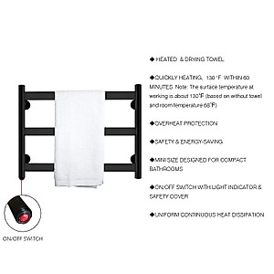 HEATGENE Towel Warmer 3 Flat Bar Towel Dryer Wall-Mounted Plug-in Bath Towel Heater - Matte Black