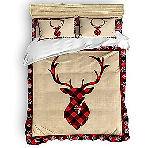 TocaHome Duvet Cover Twin Size, 4 Pieces Comforter Cover Set, Christmas Red Lattice Elk Snowflake Border Soft Bedding Sets - 1 Twin Duvet Cover, 1 Bed Sheet and 2 Pillowcases