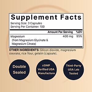 Magnesium Complex 400mg Supplement, 300 Capsules | Magnesium Glycinate + Citrate Elemental Forms – Essential Minerals for Heart, Muscle, & Digestion Support – Non-GMO & No Gluten