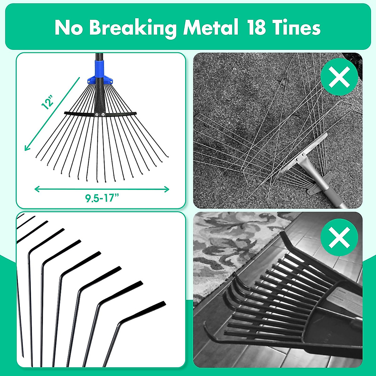 Garden Leaf Rake with Expandable Head from 9.5 inch to 17 inch, Collapsible Lawn Rake with Adjustable 53 Inch Splicing Handle, Heavy Duty Metal Rake for Lawn Yard, Flowers Beds and Roof