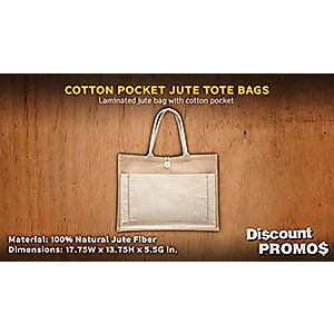 DISCOUNT PROMOS Jute Tote Bags with Cotton Pocket Set of 6, Bulk Pack - Reusable, Great for Picnic, Camping, Beach, Outdoor Activities - Natural