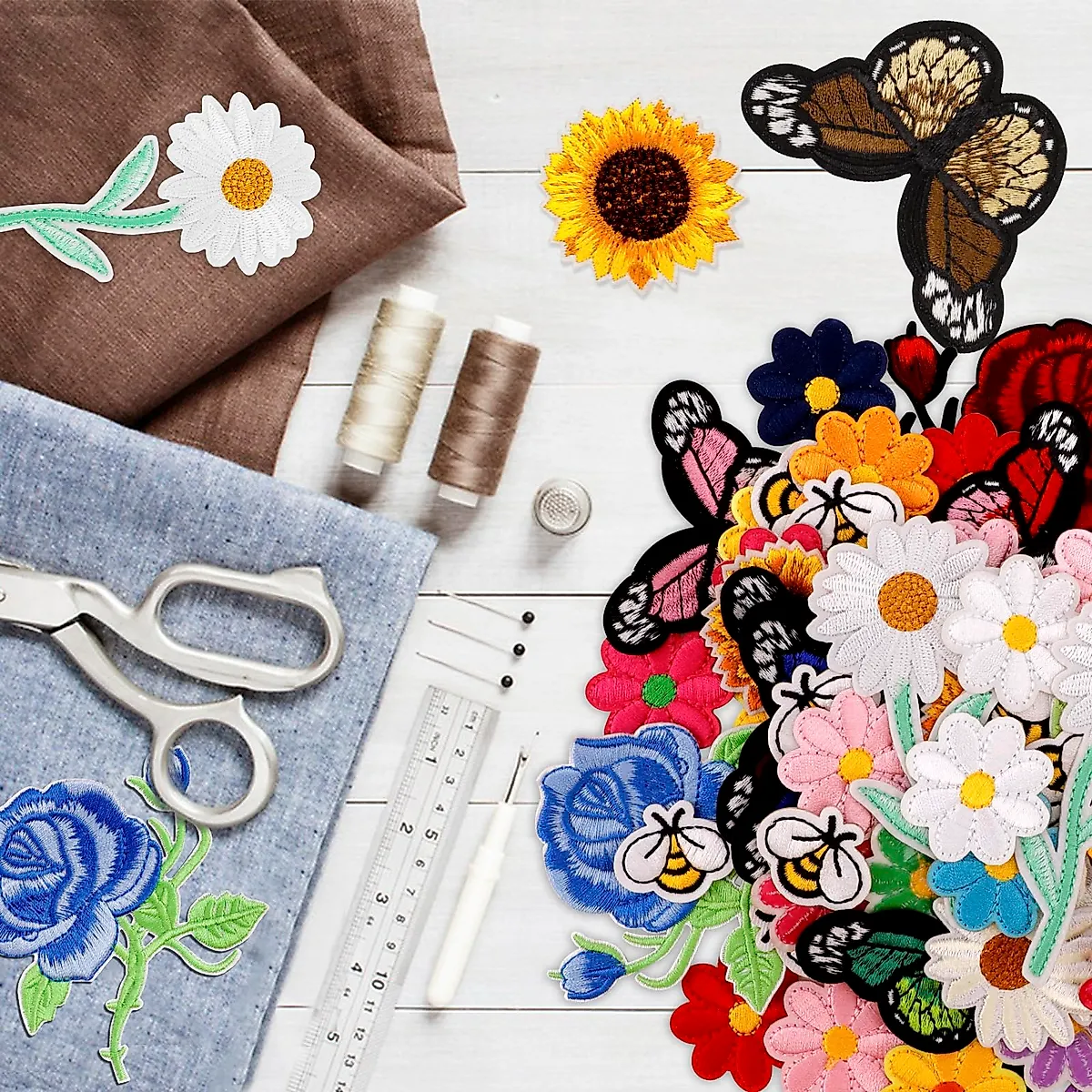 RETON 72 Pcs Embroidered Iron On Patches for Clothing, Butterfly Flower Iron On Patches Set, Bee Rose Daisy Embroidered Patches, Applique Patches for Clothes, Jackets, Jeans, Backpacks