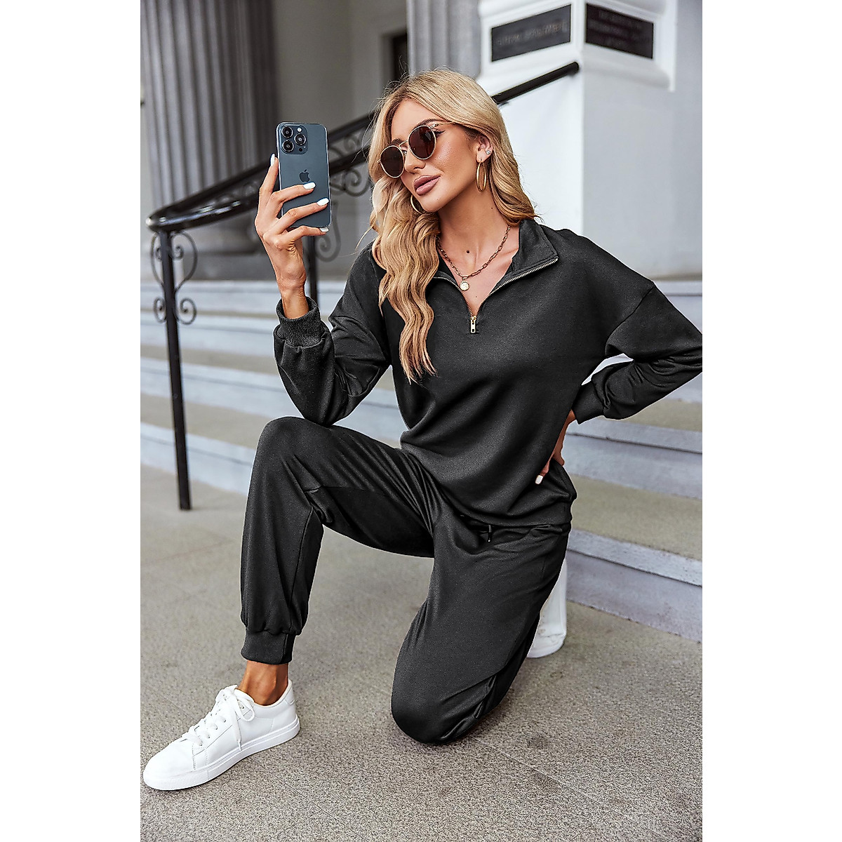ELESOL 2023 Fall Sweatsuits for Women Set Outfits for Women 2 Piece Sets 1/4 Zip Jogger Sets with Pockets Black S
