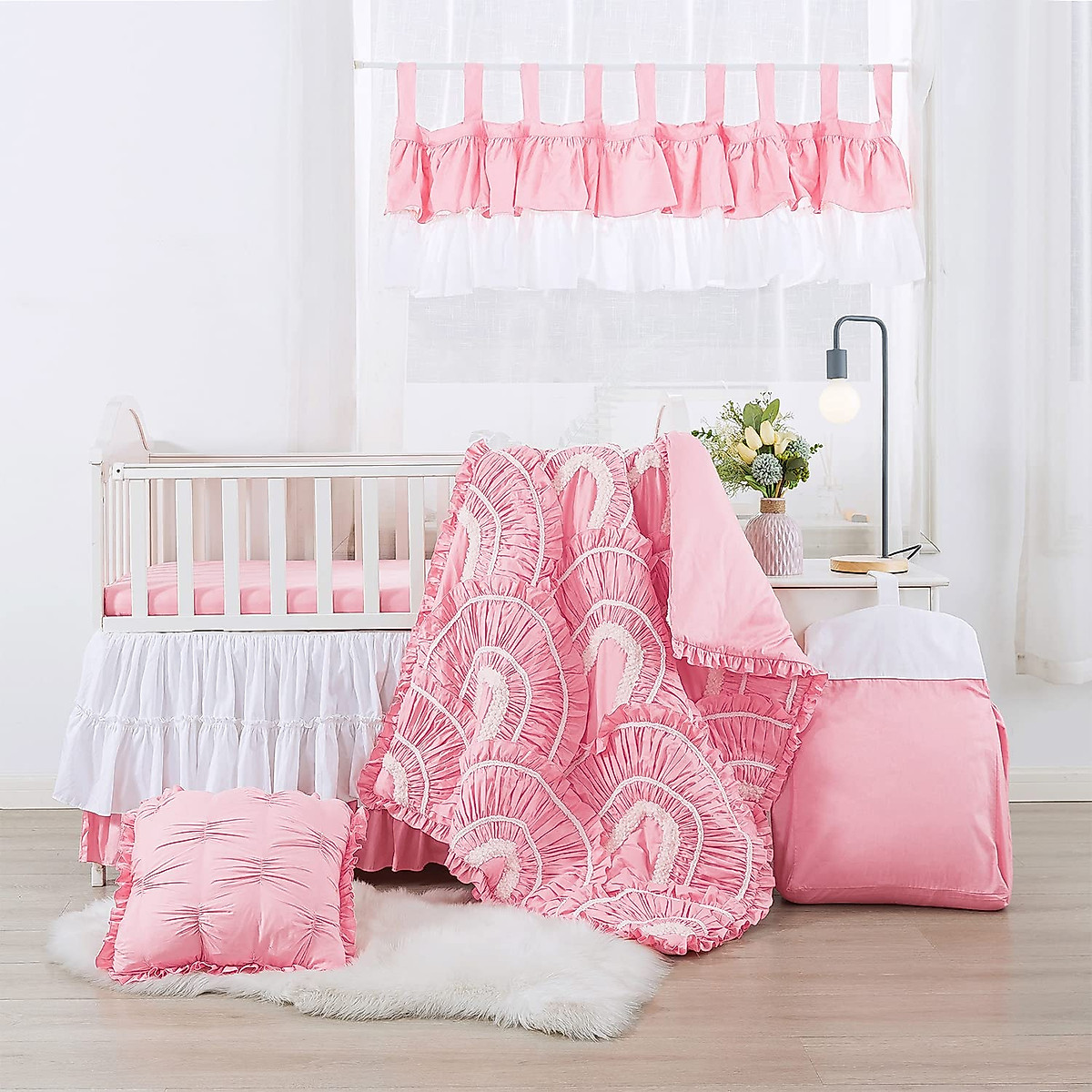 6 Pieces 100percent Cotton Toddler Crib Bedding Sets for Girls Pinch Pleat Lightweight Baby Comforter Set Dust Ruffle White Pink Pink and White