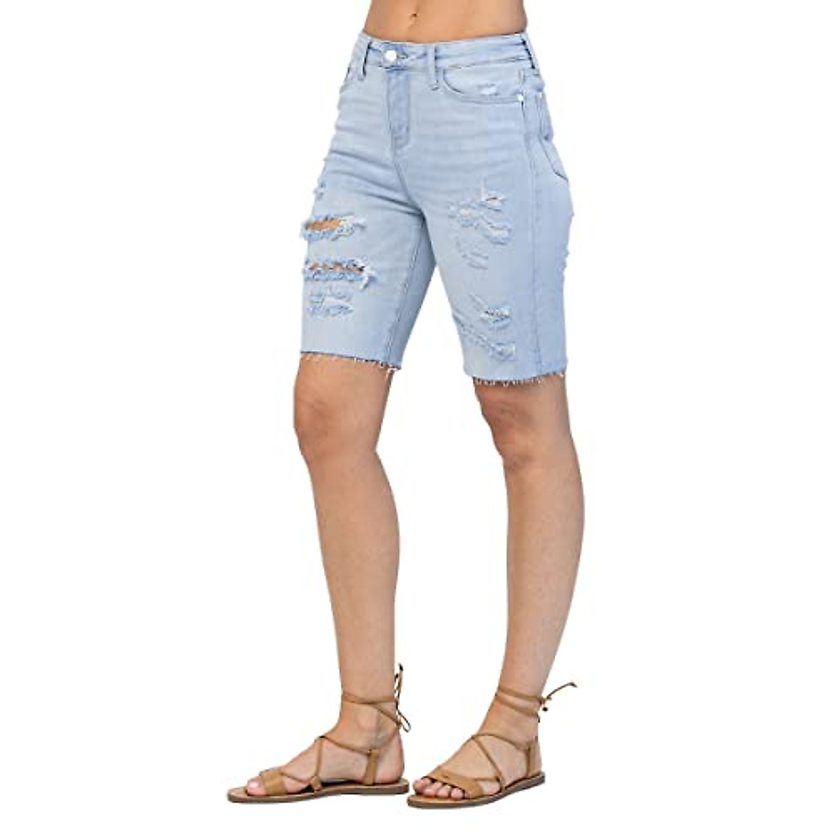 Judy Blue Women's High-Rise Destroyed Cutoff Bermuda Shorts (Light Blue, Large)