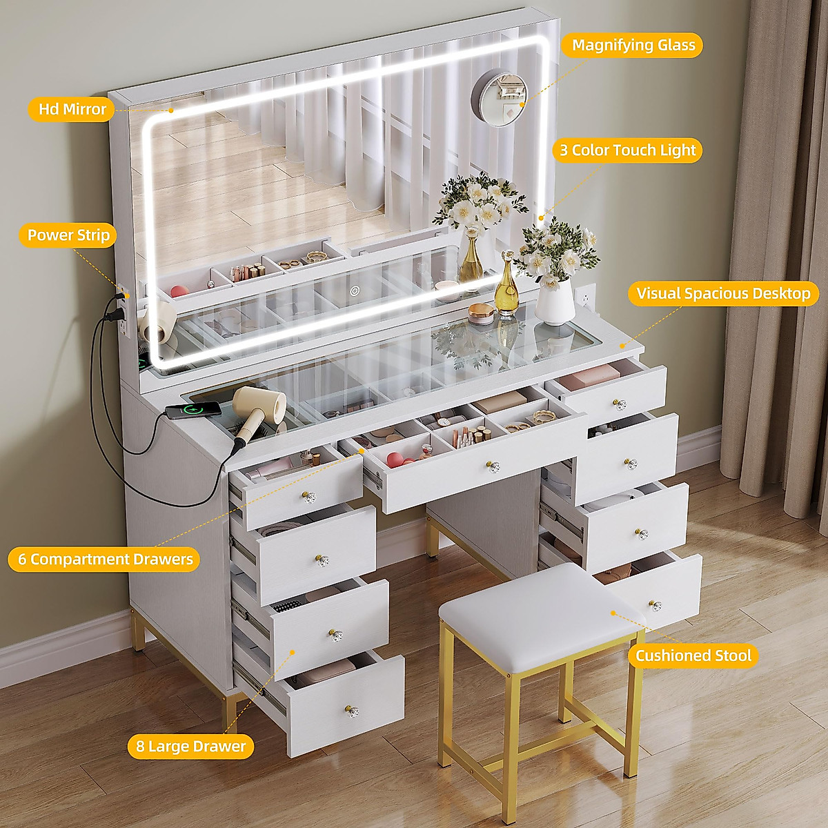 YITAHOME Vanity Desk Set, with XL LED Lighted Mirror Magnifying Glass & Power Outlet, 9 Drawers Makeup Vanities Dressing Table with Stool, White, 47 Inches