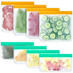 Silicone Bags Reusable Storage Freezer Bags, Silicone Ziplock Bags 4 Reusable Sandwich Bags + 4 Reusable Snack Bags, Leakproof Reusable Food Storage Bags Containers for Travel Picnic, Work, Home Use