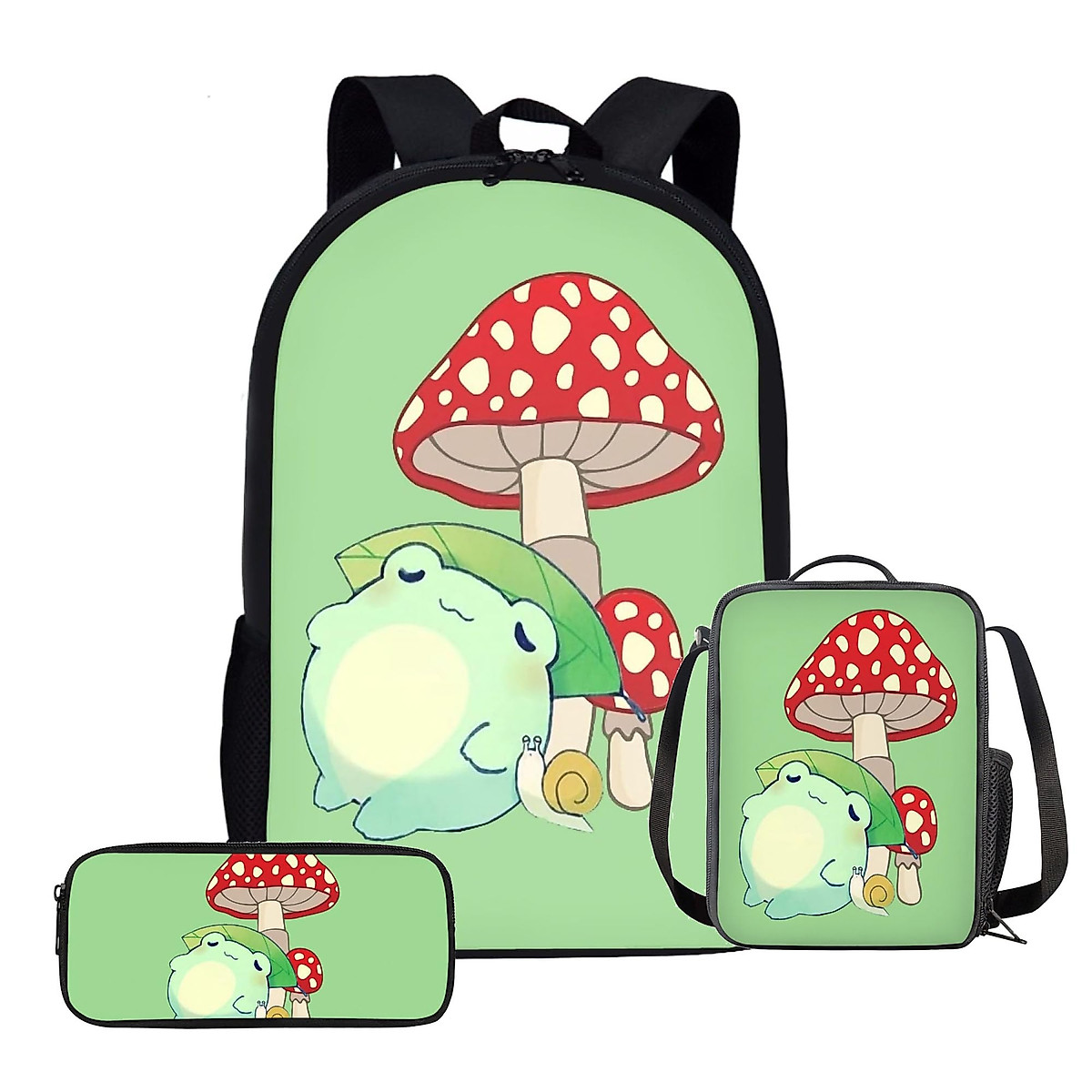 HUIACONG Mushroom Frog Backpack Set Snail Print Kids School Bookbag+Lunchbox Pack with Holder+Pencil Case 3 Pieces Insulated Lunch Bag Rucksack Set