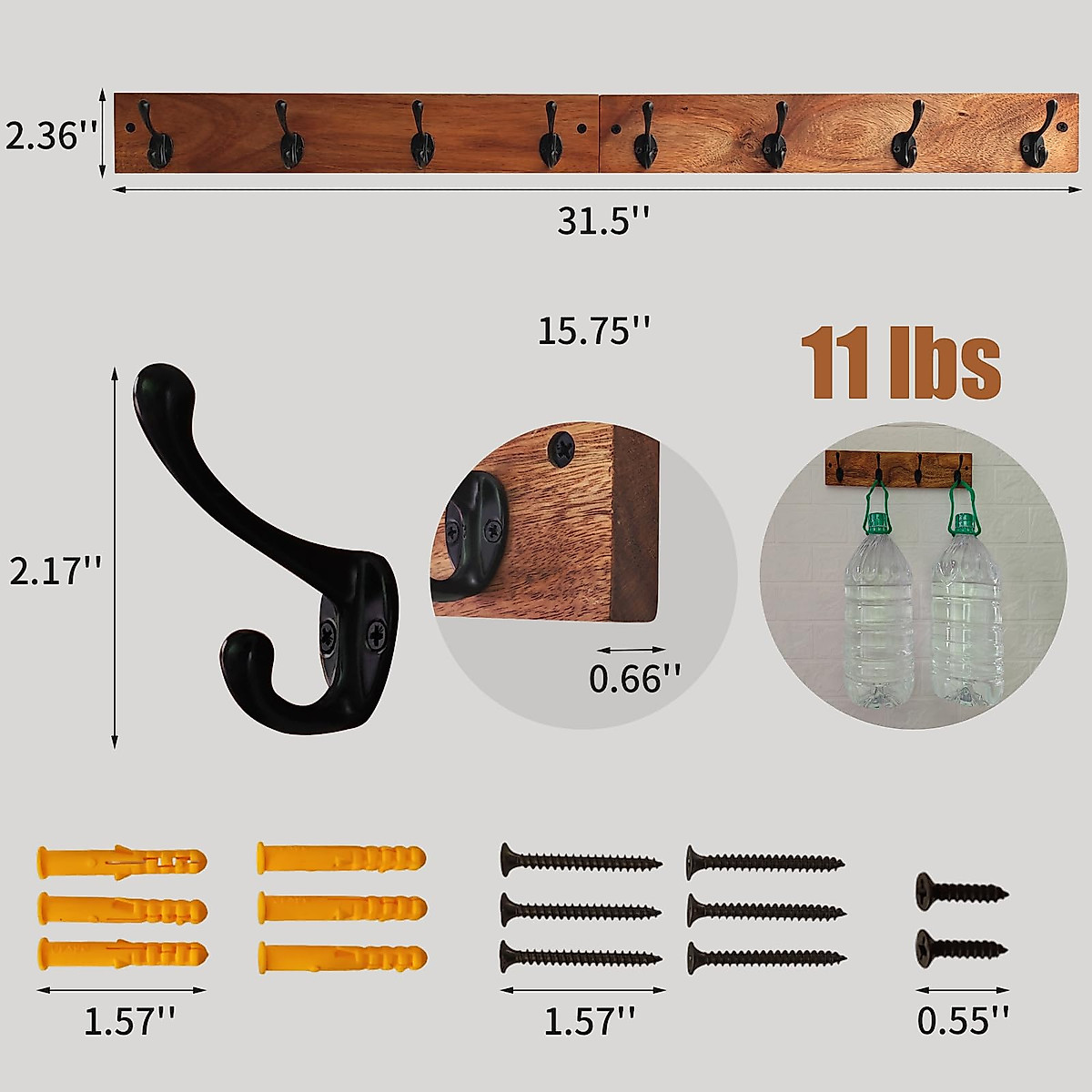 kansata Coat Rack Wall Mount 2 Pack, Wooden Coat Hooks Wall Mounted, Entryway Heavy Duty Coat Hanger for Office Bedroom Bathroom Closet Hanging Coats Hats Bags Keys Purses-8 Hooks