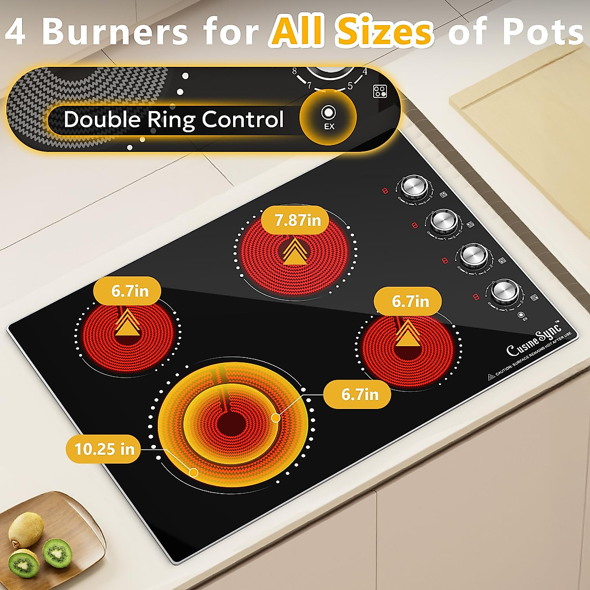 Cusinesync 30 Inch Electric Cooktop, 4 Burner Built-in Electric Stove Top with 9 Power Levels, Knob Control, Auto shutdown and Residual Heat Warning, 7200W, 220-240V for Hard Wire