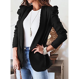 KIRUNDO Women's 2023 Fall Casual Blazers Puff Sleeve Lapel Open Front Work Suit Office Blazer Jackets with Pockets (Black, Medium)