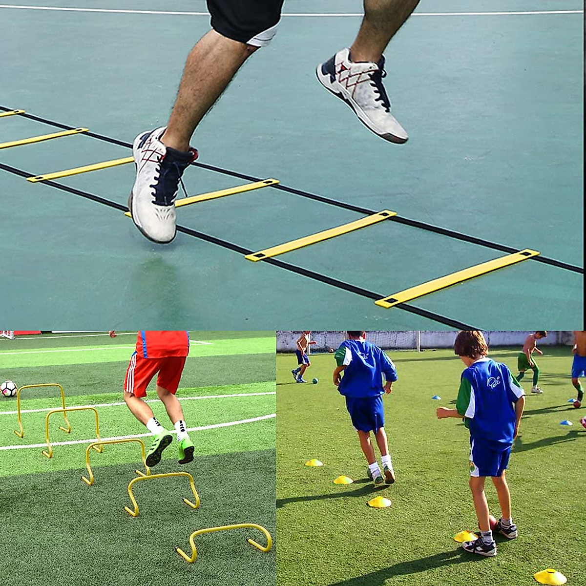 TNZMART Agility Ladder and Disc Cones Training Set Adjustable Rungs Training Ladder with 10 Plastic Sport Cones for Training (Yellow, 6 Hurdles)