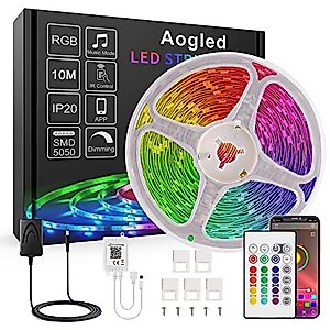 Aogled LED Strip Lights 32.8Ft Dimmable: RGB Music Sync Strip Lighting with App & 24-Key Remote Control,Color Changing LED Lights for Bedroom Decor,5050 SMD Light Strips for Home, Kitchen, Party