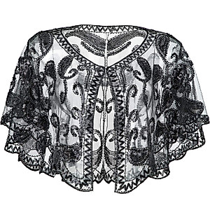 SATINIOR Women's 1920s Sequin Shawl Wrap Bridal Shawl Cover up Beaded Evening Cape (Black)