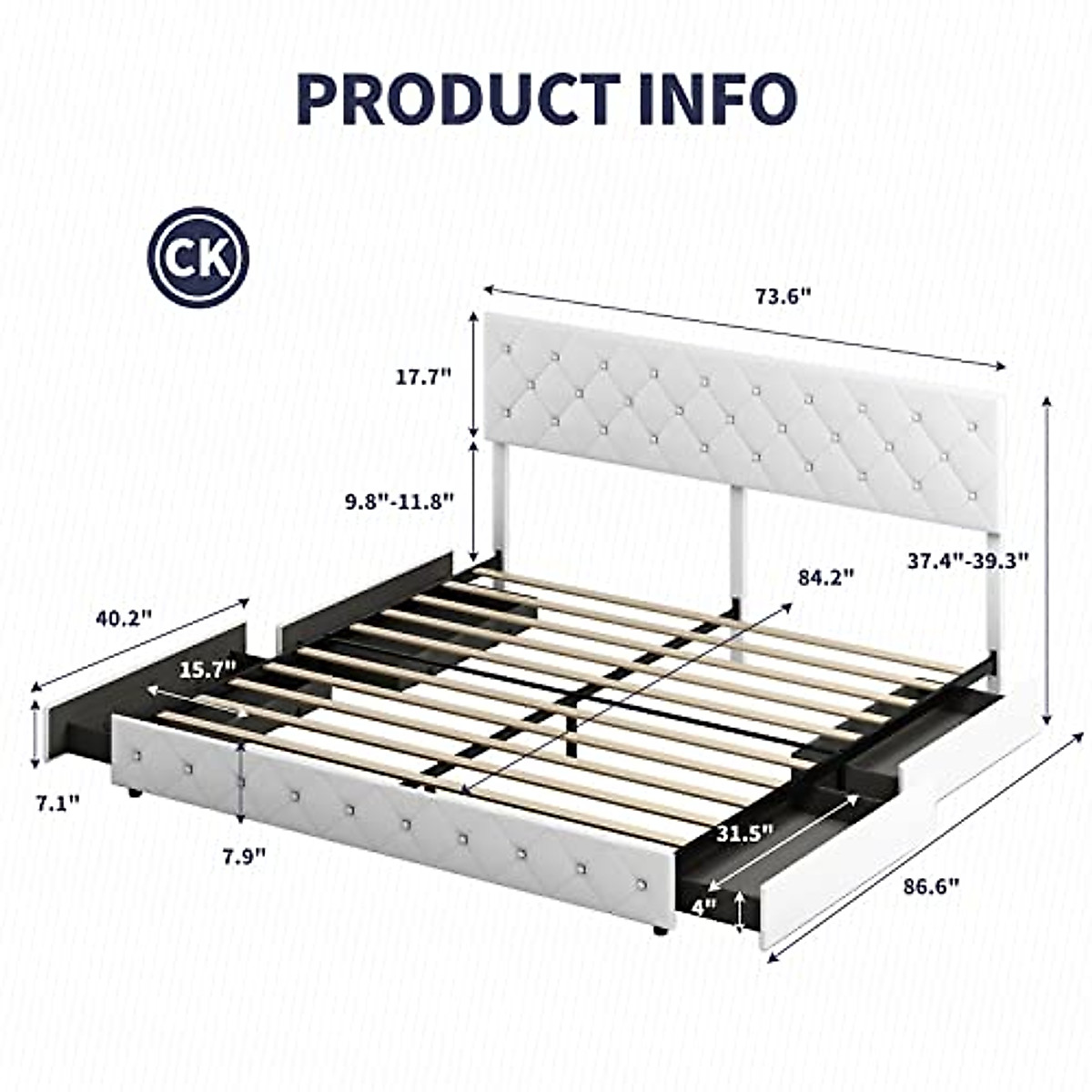 ZAFLY California King Platform Bed Frame with Button Tufted Headboard,Upholstered PU Leather Cal King Bed Frame with 4 Storage Drawers,Wooden Slats Support,No Box Spring Needed,Easy Assembly,White