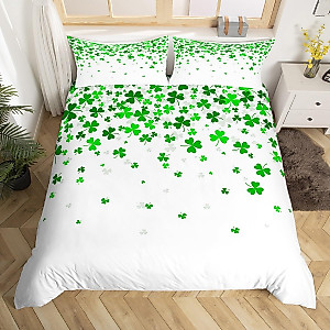 Manfei Lucky Clover Bedding Set for Boys Girls Spring Leaves Comforter Cover St. Patrick's Day Duvet Cover Room Decor Green White Bedspread Cover Queen Bedding Collection 3Pcs