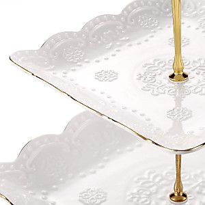 Sumerflos 3-Tier Square Porcelain Cake Stand, White Rimmed with Gold Embossed Cupcake Dessert Stand - Tiered Serving Tray for Tea Party and Show