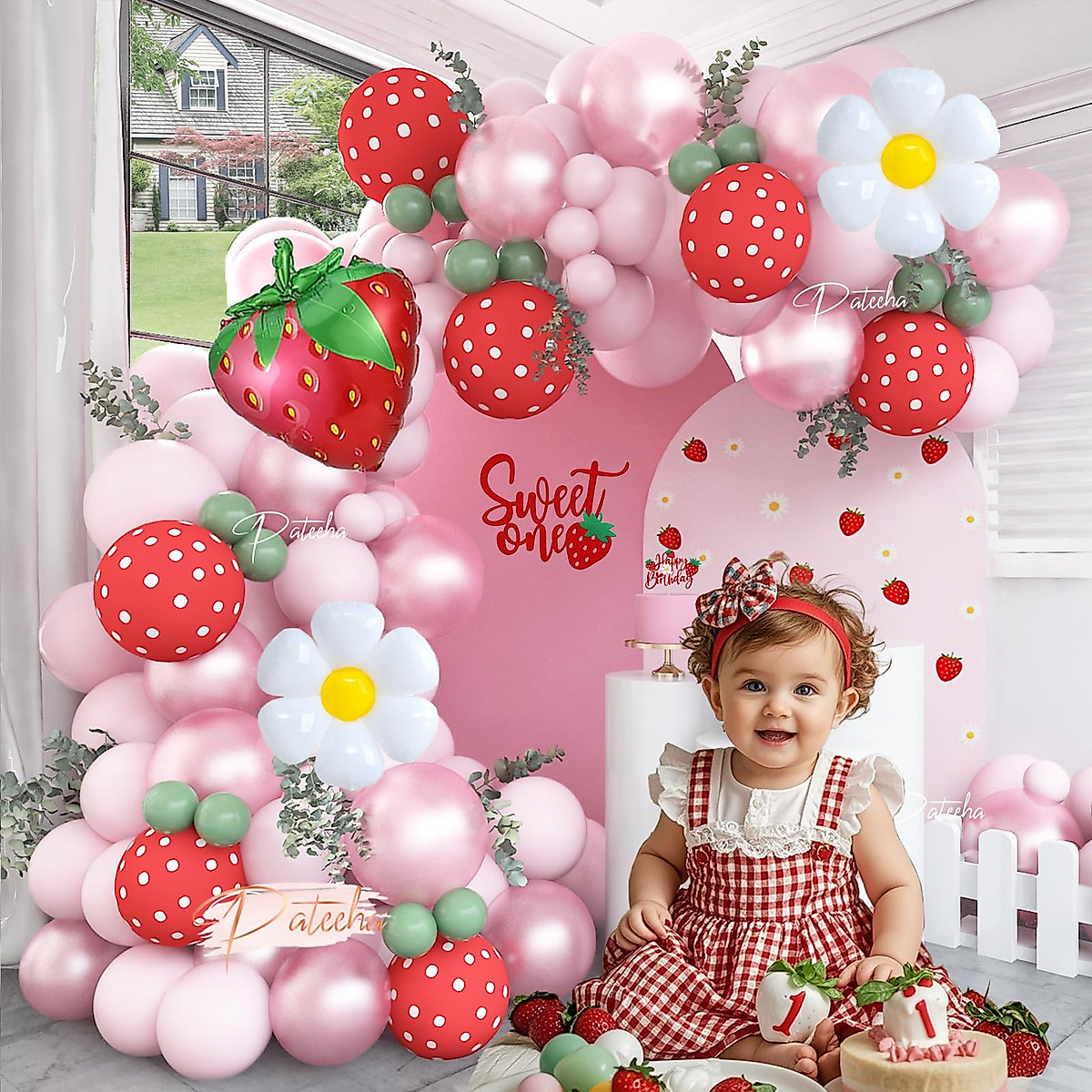 Pateeha Strawberry Balloon Arch Kit 12ft, Berry First Birthday Decor, Foil Daisy Balloons Strawberry Balloons Garland Kit for Strawberry Baby Shower Decorations