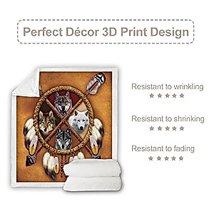 Sleepwish Wolf Blanket Native American Blankets Wolf Fleece Blanket Kids Wolf Blanket Soft Thick Dream Catcher Design Throw Blanket Brown Plush Wolf Blankets for Adults Men Boys (50"x60")