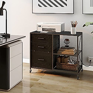 VEDECASA Black Lateral File Cabinet with 3 Fabric Drawer fits A4 Letter Size Open Storage Shelf Socket and Power Outlets USB Charging Port Mobile Printer Stand for Home Office