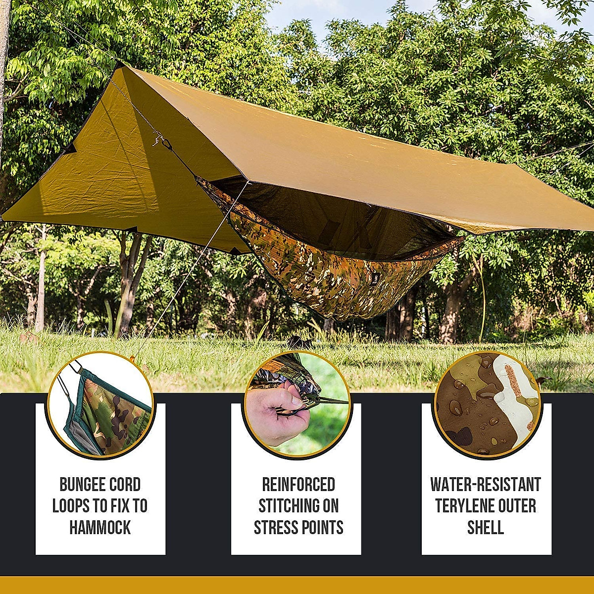 OneTigris Hideout Hammock Underquilt + Bulwark All Season Camping Tarp + KOMPOUND Camping Hammock